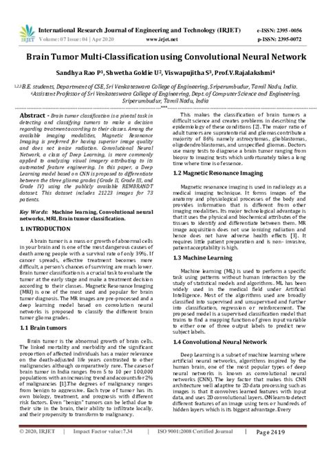 Pdf Irjet Brain Tumor Multi Classification Using Convolutional Neural Network