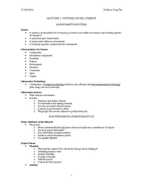 Ln01 Lecture Notes Lecture 1 Systems Development 1 Information Systems System A System Is