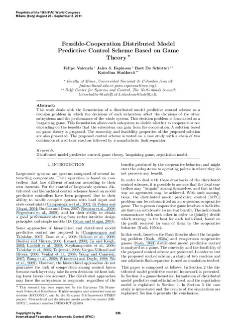 Pdf Feasible Cooperation Distributed Model Predictive Control Scheme Based On Game Theory