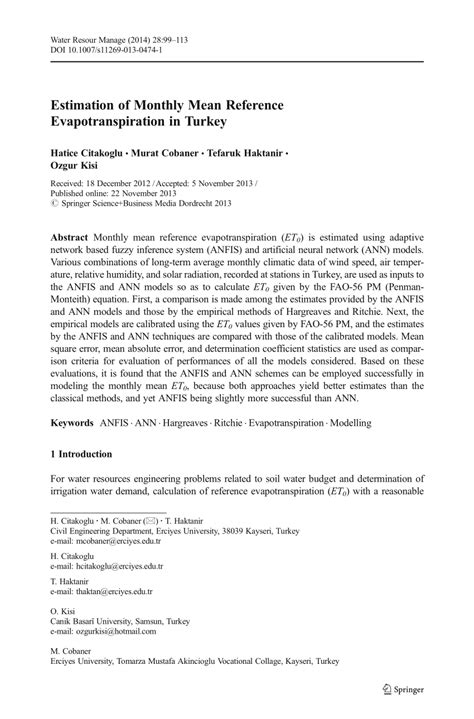 Pdf Estimation Of Monthly Mean Reference Evapotranspiration In Turkey