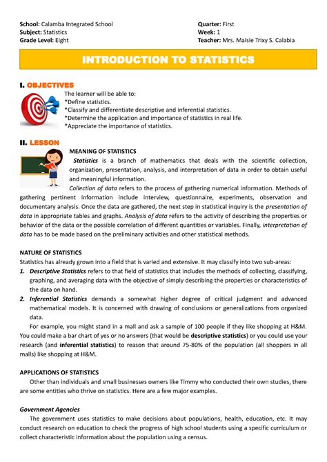 1 Introduction To Statistics School Calamba Integrated School