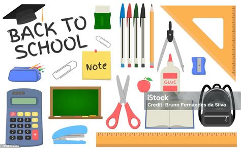 학용품 다양하고 다채로운 아이콘과 신학기 로고 펜 연필 자 메모장 배낭 가위 나침반 지우개 숫돌 칠판 계산기 등 가위에 대한