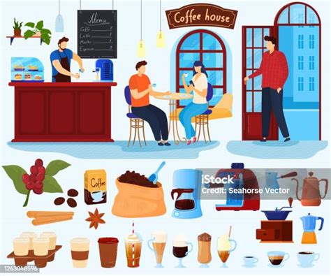 커피 하우스 벡터 일러스트 세트 만화 플랫 커피 애호가 캐릭터 음주 바리스타 뜨거운 신선한 음료를 만든다 흰색에 고립 된 메뉴 가정 주방에 대한 스톡 벡터 아트 및 기타