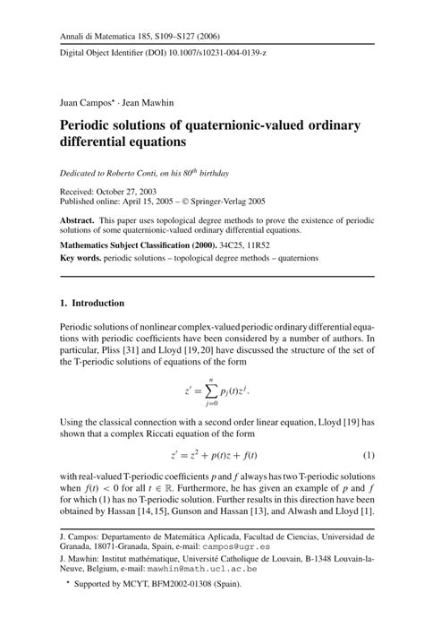 Pdf Periodic Solutions Of Quaternionic Valued Ordinary Differential Equations