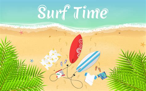 바다에서 여름 이국적인 휴가입니다 해변에서 것 서핑 보드 및 액세서리 있습니다 밝은 팜 나뭇잎 해변의 최고 볼 수 있습니다 열 대 휴양 지역입니다 벡터 일러스트 레이 션 0