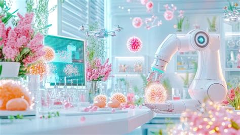 Robotic Arm Conducting Experiments In A Futuristic Laboratory Surrounded By Colorful Flowers And