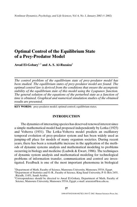 Pdf Optimal Control Of The Equilibrium State Of A Prey Predator Model