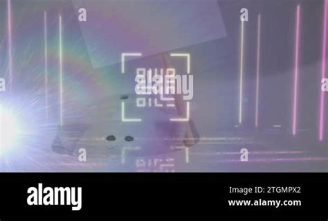Animation Of Qr Code And Lines With Lens Flares Against Abstract