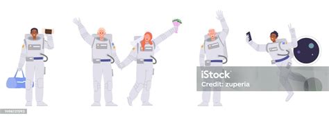 만화 우주 비행사와 우주비행사 우주복을 입은 사람들 다양한 행동과 감정의 캐릭터 감정에 대한 스톡 벡터 아트 및 기타 이미지