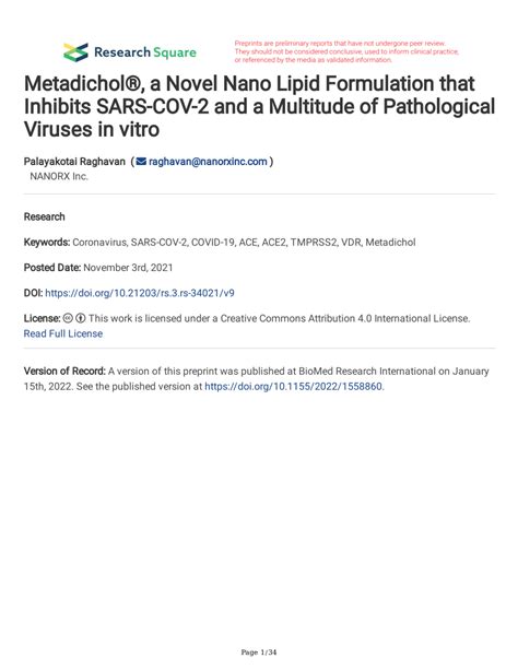 Pdf Metadichol® A Novel Nano Lipid Formulation That Inhibits Sars Cov 2 And A Multitude Of