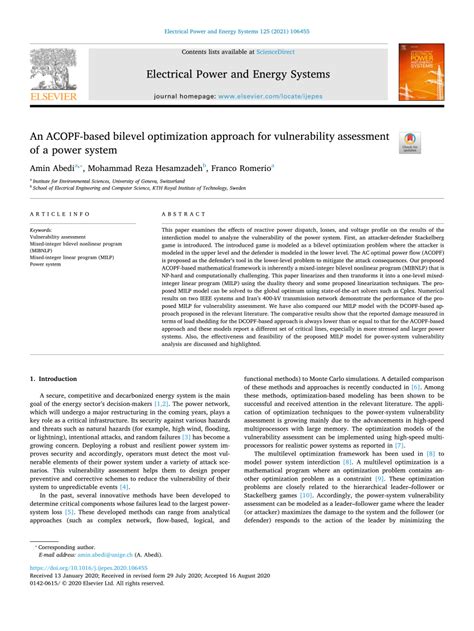 Pdf An Acopf Based Bilevel Optimization Approach For Vulnerability Assessment Of A Power System