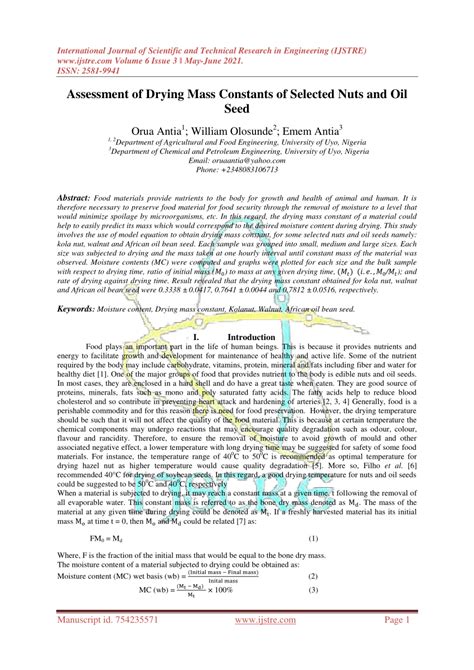 Pdf Assessment Of Drying Mass Constants Of Selected Nuts And Oil Seed