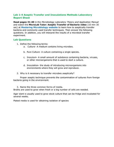 Lab Aseptic Transfers And Inoculation Methods Laboratory Report Sheet Then Answer The