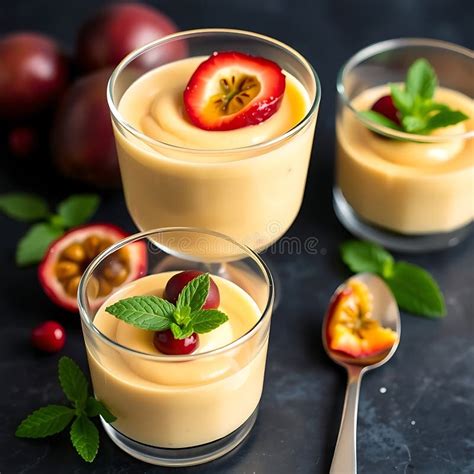 A Serving Of Passion Fruit Mousse Served In Glass Cups With A Mint