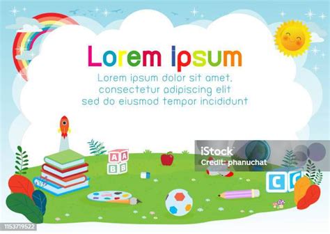 학교로 돌아가기 교육 컨셉 잔디에 대 한 학교 용품 광고 브로셔 용 템플릿 텍스트 어린이 및 프레임 어린이 프레임 벡터 일러스트 레이 션 0명에 대한 스톡 벡터 아트 및