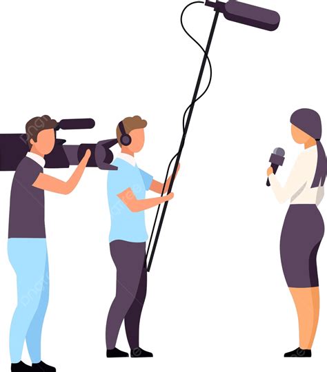 Vector Characters In Semiflat Design Accompanying Female Journalist And Camera Crew Vector