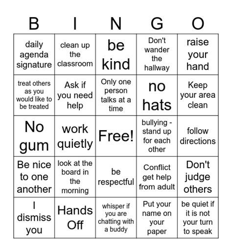 Classroom Rules Bingo Card