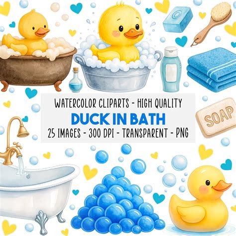 25 Rubber Duck Clipart Bundle Cute Bath Time Watercolor Png Bubbles