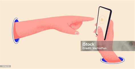 블루 홀을 통해 스마트 폰을 가리키는 손 화면을 터치하는 손가락 가리키고 재생 버튼을 누릅니다 편집 가능한 전화 템플릿 벡터 그림입니다 손 평면 디자인 도면에 전화를 들고