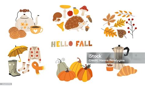 가을 벡터 요소 세트입니다 아늑한 가을 스티커 나뭇잎 호박 가을 옷 우산 고슴도치 차 비문 Hello Fall 흰색 고립 배경입니다 손으로 그린 스타일의 그림입니다 10월에