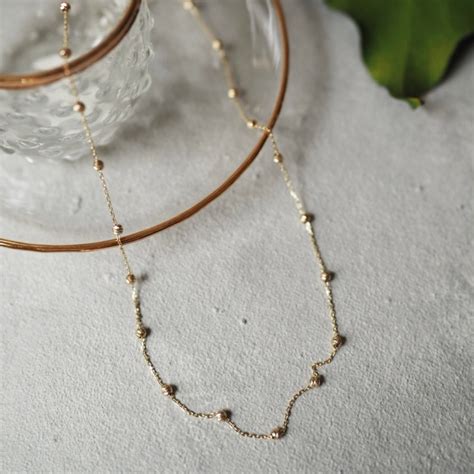 14k Solid Gold Bead Station Necklace Beaded Satellite Chain Necklace