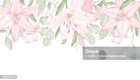 옅은 분홍색 백합과 연한 녹색 단풍이 흰색 배경에 수채화 꽃 프레임 테두리 손으로 그립니다 결혼식 초대장 섬유 배경 화면 인사말