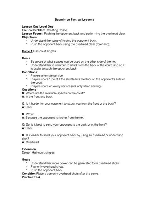 Badminton Tactical Lessons Pdf Games Of Physical Skill Sports