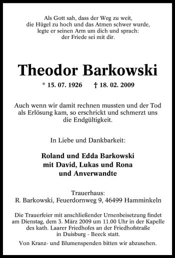 Traueranzeigen Von Theodor Barkowski Trauer In Nrw De