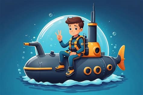 Милый водолаз на подводной лодке Карикатурная векторная иллюстрация Премиум Ai сгенерированное