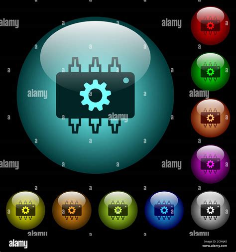 Hardware Settings Icons In Color Illuminated Spherical Glass Buttons On Black Background Can Be