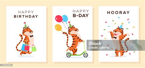 만화 미소 호랑이 와 쇼핑백 풍선 킥 스쿠터 색종이 조각 생일 축하합니다 B Day 만세 인사말 카드 초대장 디자인 세트 축제