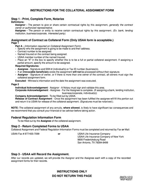 Fillable Online Instructions For The Collateral Assignment Form Fax
