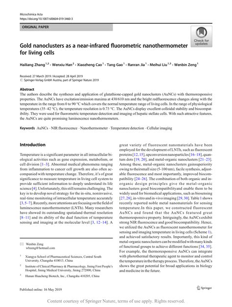 Gold Nanoclusters As A Near Infrared Fluorometric Nanothermometer For Living Cells Request Pdf
