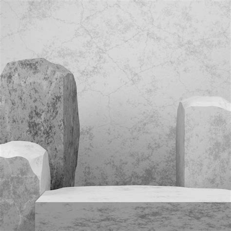 프리젠테이션을 위한 밝은 회색 콘크리트 스튜디오 룸 배경의 바위와 돌 받침대 연단은 Template3d 렌더링 그림을 조롱합니다 프리미엄 사진