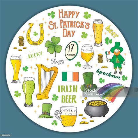 세인트 패 트 릭 일 손으로 그린 낙서 세트 요정 금화 레인 보우 맥주 네 잎 클로버 호스 슈 셀 틱 하프와 아일랜드 벡터 일러스트 레이 션의 국기의 냄비 0명에 대한 스톡