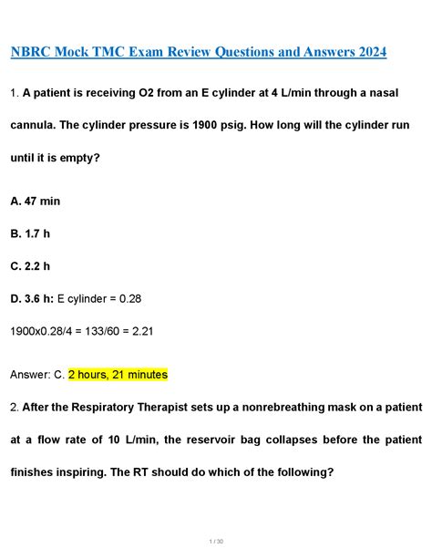 NBRC Mock TMC Exam Review Questions And Answers 2024 Exams Nursing Docsity