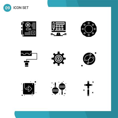 9 Universal Solid Glyph Signs Symbols Of Gear Cog Celebration Roller Shape Editable Vector