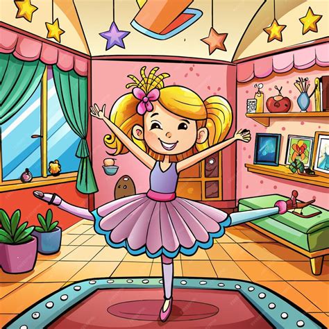 A Cartoon Of A Girl Dancing In A Room With A Colorful Curtain And A