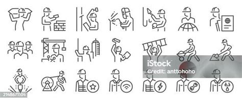 노동 아이콘 세트 여기에는 건설 작업자 엔지니어 건설 건물 및 기타 아이콘이 포함됩니다 편집 가능한 벡터 스트로크 개체 그룹에 대한 스톡 벡터 아트 및 기타 이미지 Istock