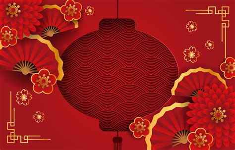 Chinese New Year Background Design With Flowers And Paper Fan On Red Texture 14919857 Vector Art