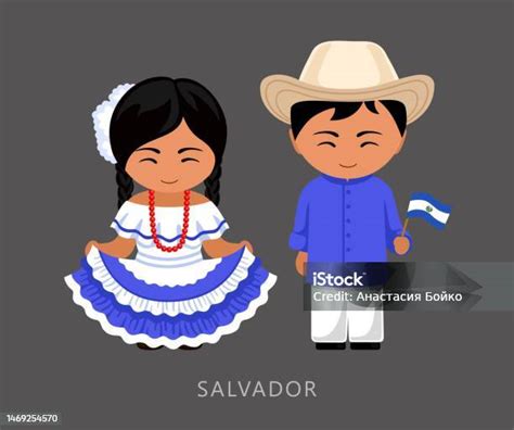 살바도르 민족 의상을 입은 여자와 남자 엘살바도르 커플 전통적인 민족 옷을 입은 만화 캐릭터 평면 벡터 그림입니다 가족에 대한