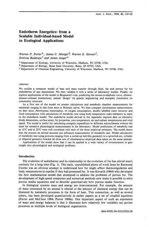 Pdf Endotherm Energetics From A Scalable Individual Based Model To