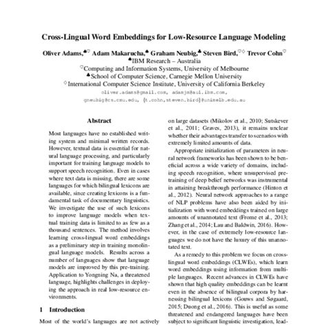 Cross Lingual Word Embeddings For Low Resource Language Modeling Acl Anthology