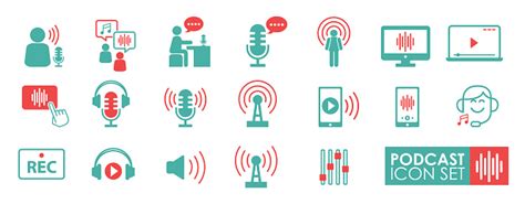 팟 캐스트 아이콘 세트입니다 오디오 마이크 녹음 팟캐스팅 방송 및 스트리밍 아이콘을 포함합니다 벡터 그림입니다 솔리드 아이콘 컬렉션입니다 스피커에 대한 스톡 벡터 아트 및