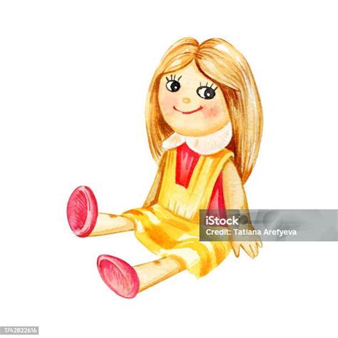 귀여운 헝겊 인형을 웃고 있는 수채화 소녀를 위한 장난감의 손으로 그린 그림 노란 드레스를 입은 사랑스러운 인형의 스케치 하얀 배경에 고립된 긴 머리 헝겊 인형에 대한 스톡