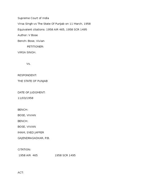 Virsa Singh Vs State Of Punjab Pdf Intention Criminal Law Murder