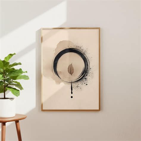Zen Enso Circle Leaf Art Print Japanese Minimal Ink Poster Japandi