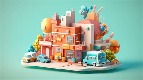 楼房和汽车3d立体c4d几何玩具模型插画图片素材下载格式熊猫办公