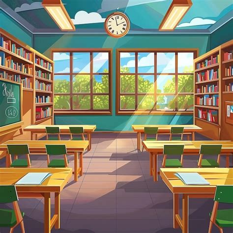 Colorful Cartoon Classroom Interior With Empty Desks And Chalkboard Premium Ai Generated Image