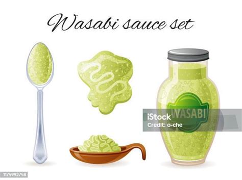 와사비 아시안 소스 그릇 소스 병 숟가락 튀김 로고 라벨 패키지가 있는 식품 아이콘 세트 조롱 유리 일본 와사비 항아리 용 초밥 3d 현실적인 벡터 일러스트 레이션 고립 된